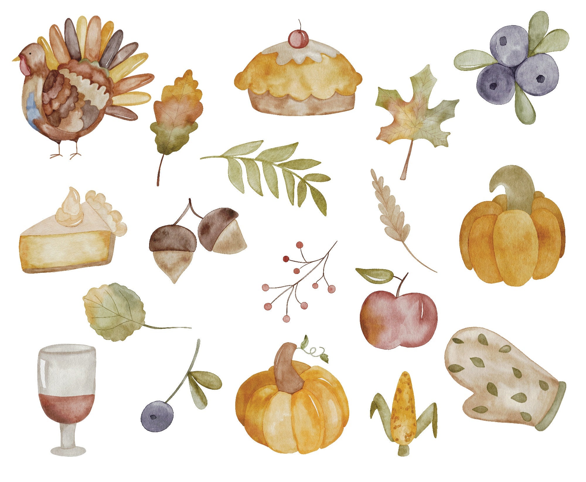 Watercolor Thanksgiving Clipart, Holiday Turkey PNG, Pumpkin Pie ...