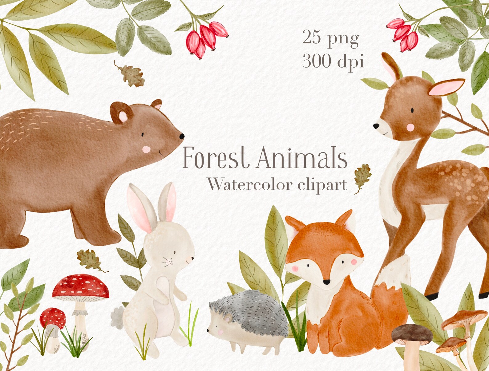 Forest Cute Animals Watercolor Clipart Woodland Animals - Etsy