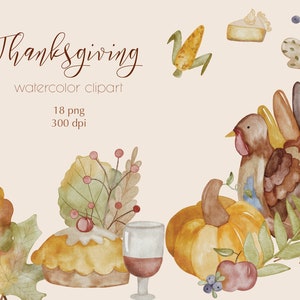 Watercolor Thanksgiving Clipart, Holiday Turkey PNG, Pumpkin Pie ...