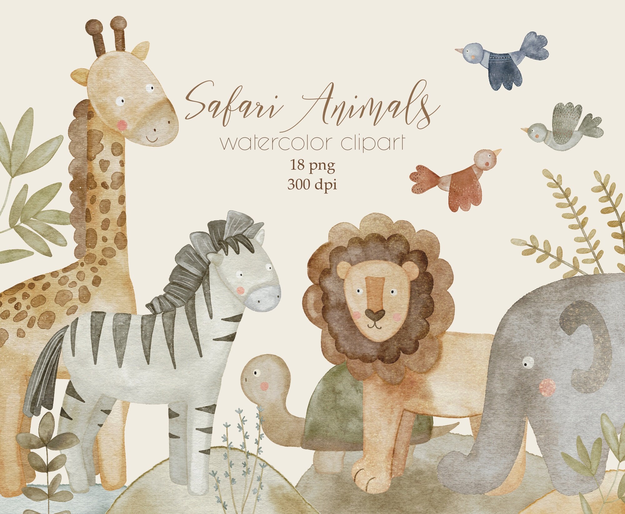 Safari Animals Watercolor Clipart Animal Digital Clipart - Etsy