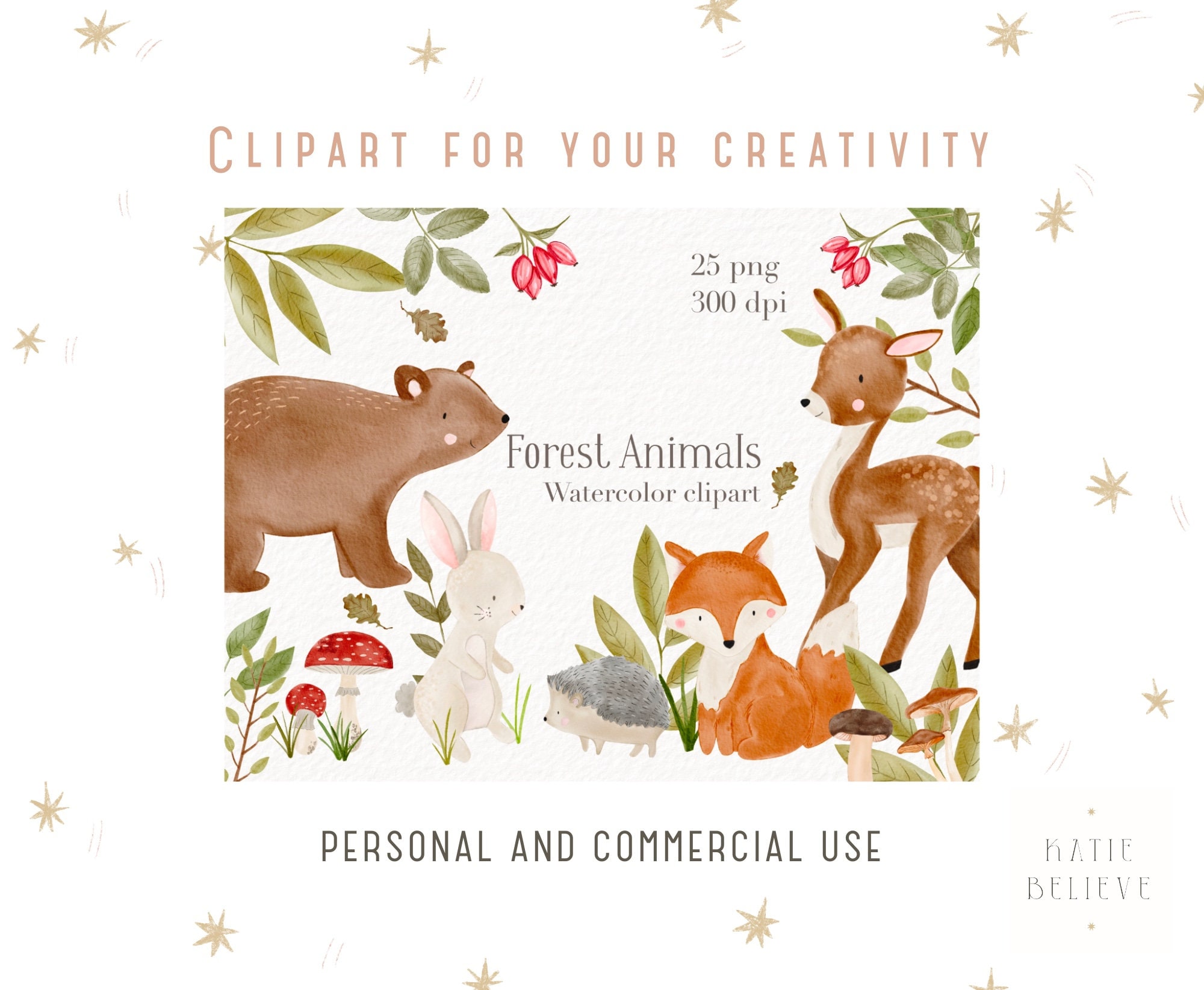 Forest Cute Animals Watercolor Clipart Woodland Animals - Etsy