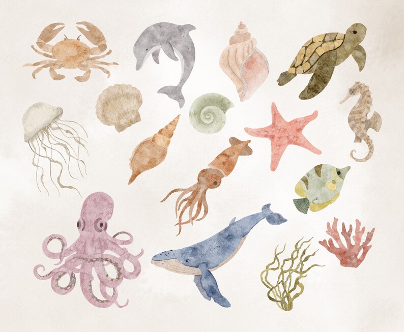 Imágenes prediseñadas de acuarela Vida oceánica, Ilustraciones bajo el ...