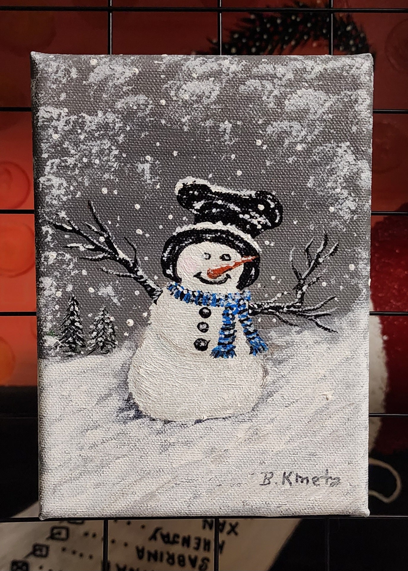Snowman Painting, Snowy Landscape on Canvas, Signed by Artist ...