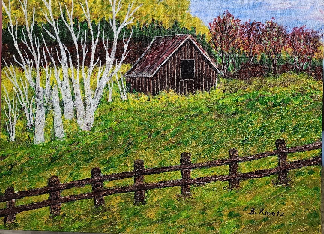 Rustic Barn Landscape Painting, Original Art, Abstract on 11x14 Canvas ...