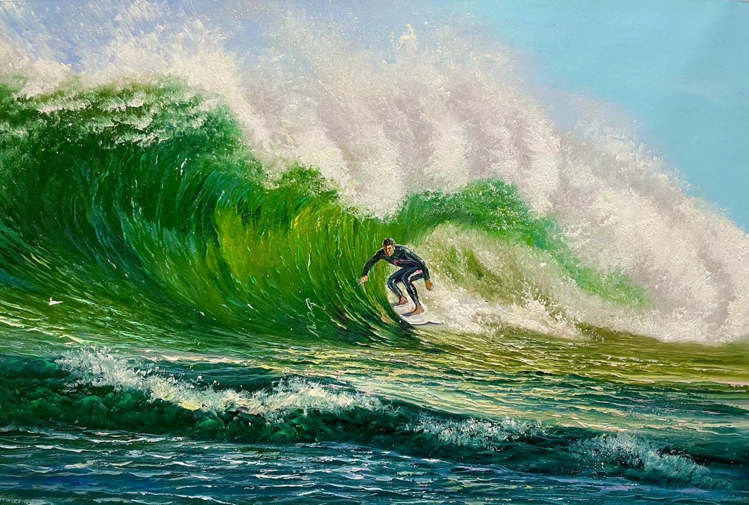 Surfing 60 X 90 Cm Ocean Sport ORIGINAL HANDMADE Oil on Canvas Hand ...