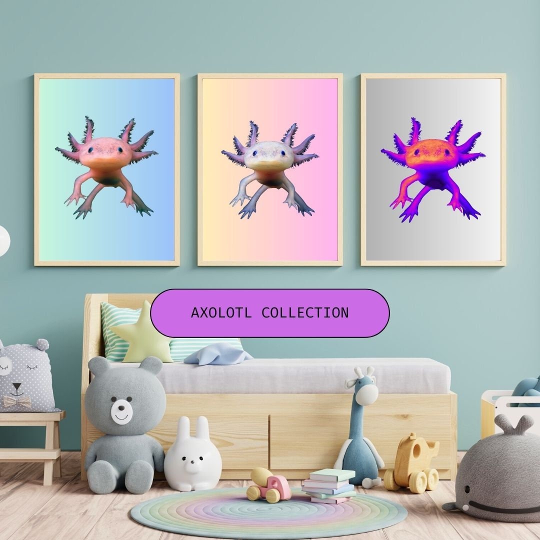 Cute Colourful Axolotl Room Decor Set of 3, Wall Prints 18 X 18, Kids ...