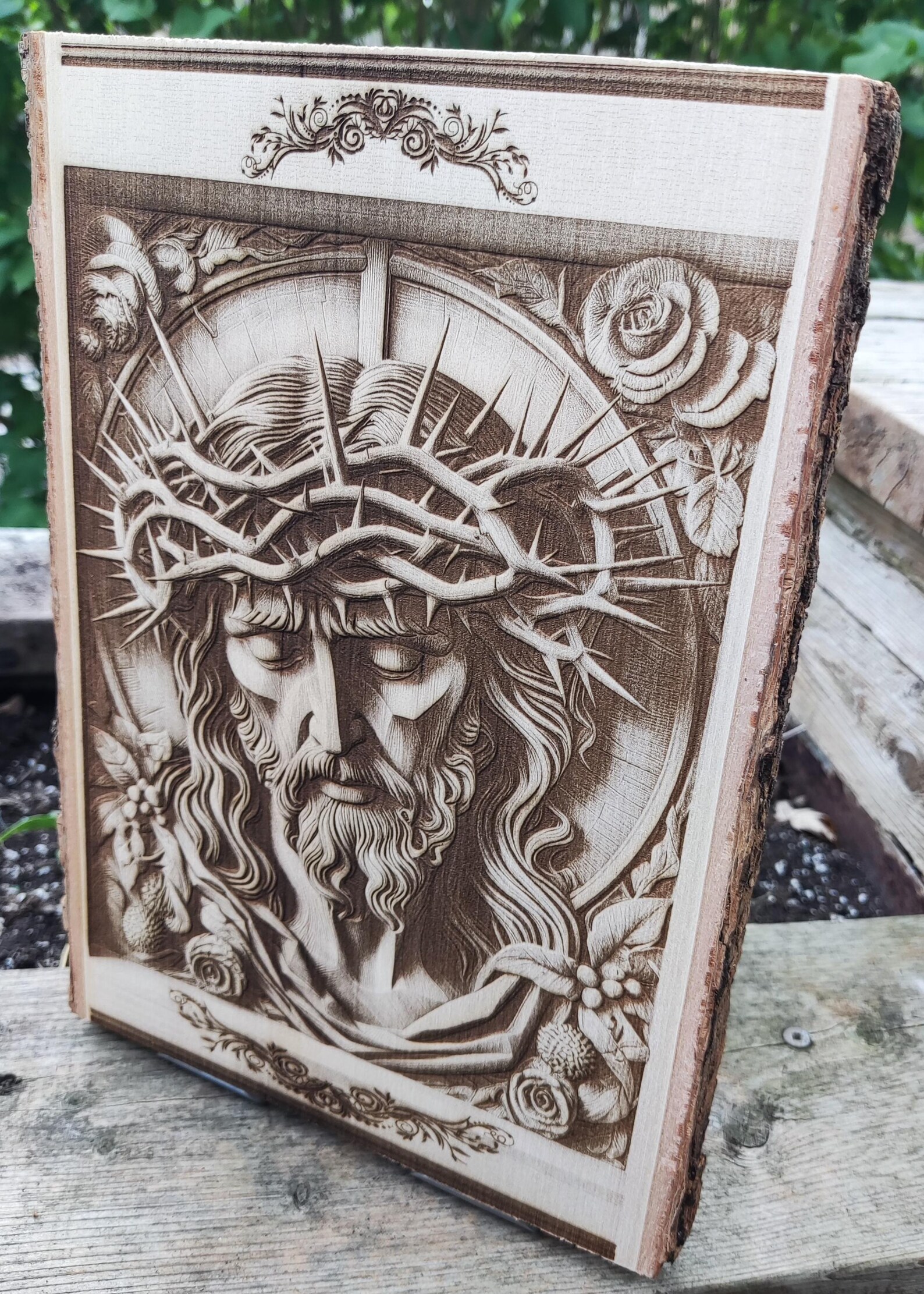 Laser Engraved Jesus Portrait: Crown of Thorns, Live Edge Basswood - Etsy