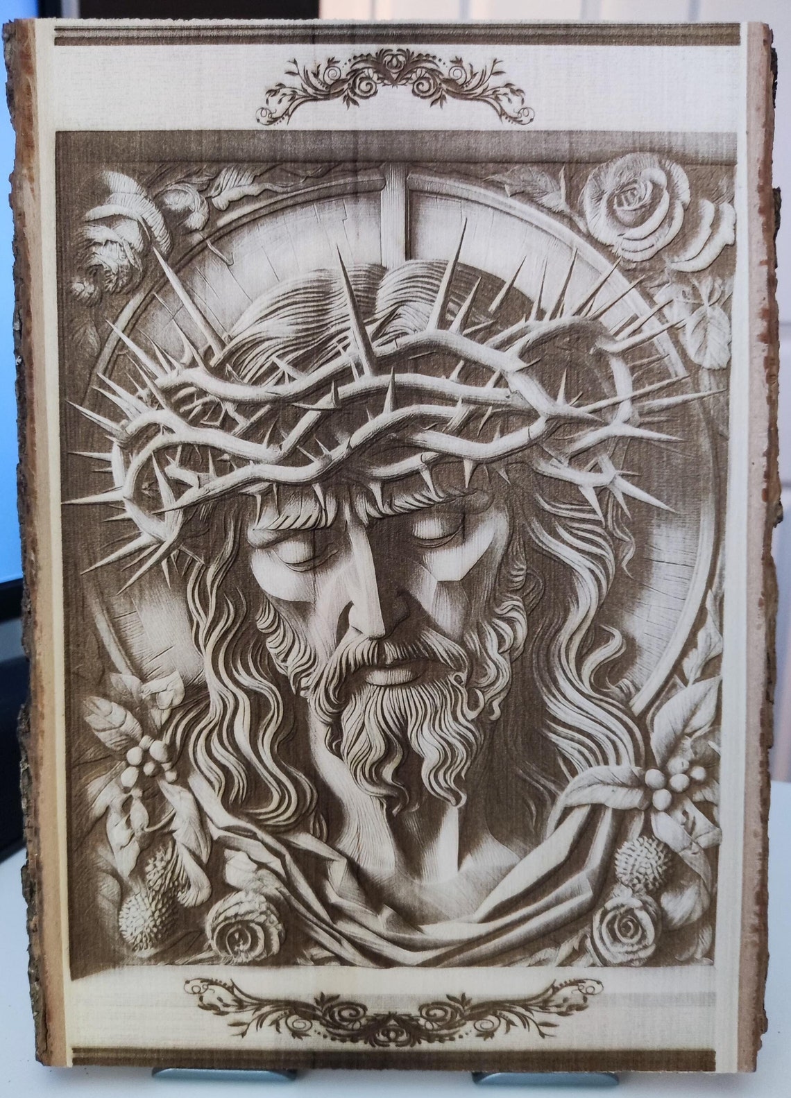 Laser Engraved Jesus Portrait: Crown of Thorns, Live Edge Basswood - Etsy
