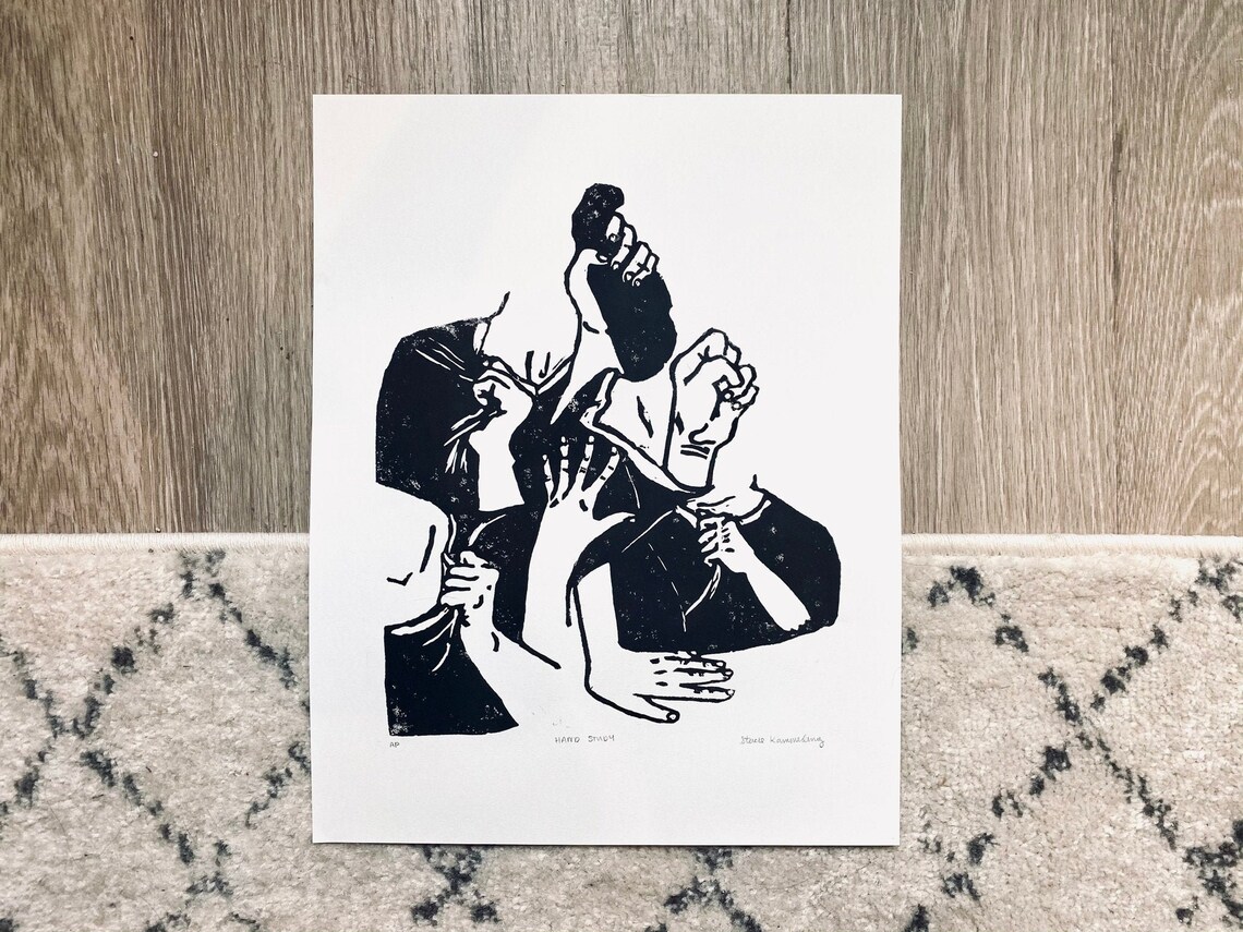 Hand Study Linocut Print | Hands Block Print | Printmaking | Home Decor ...