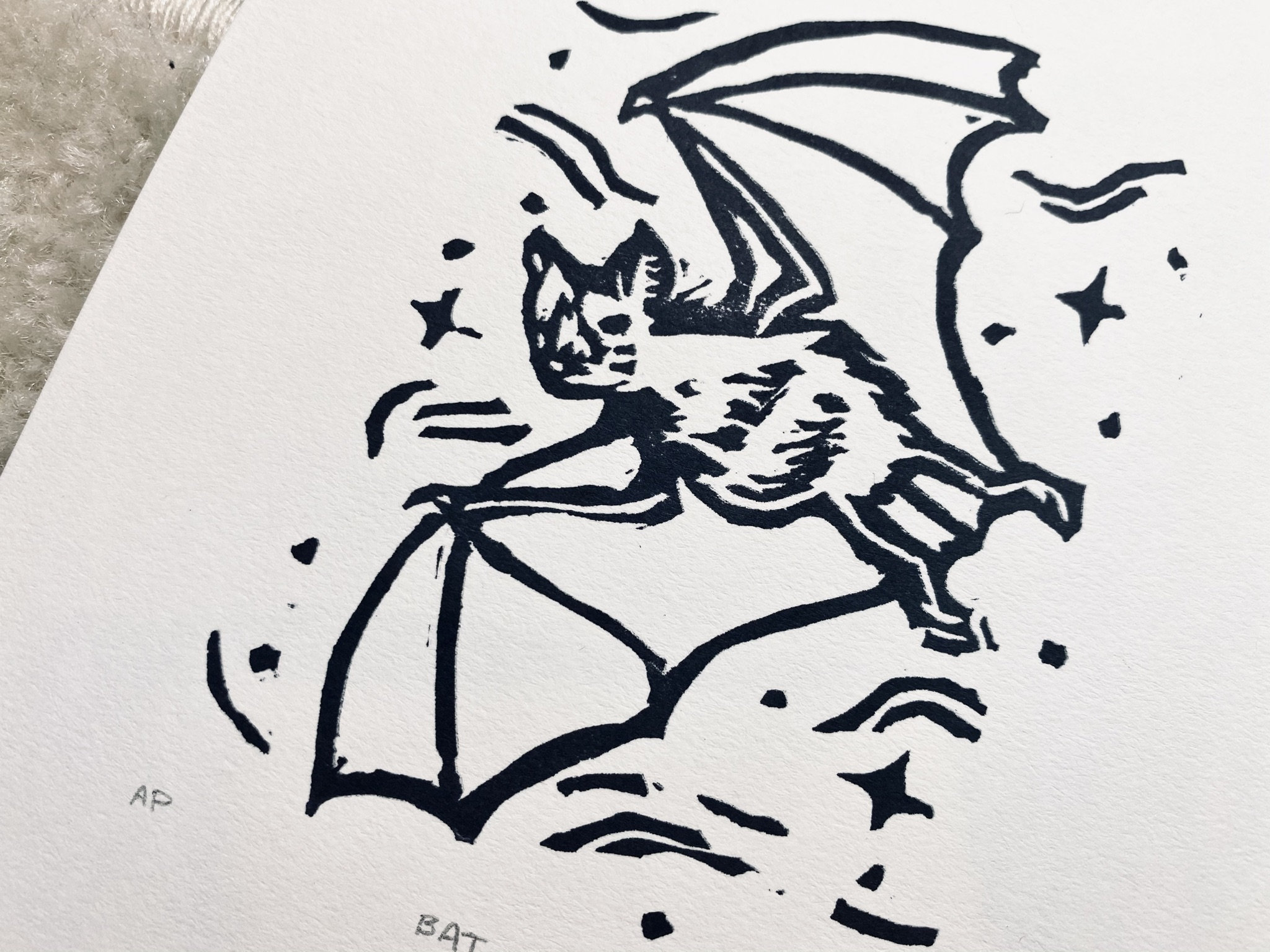 Bat Linocut Print: Halloween Home Decor (5x7) - Etsy
