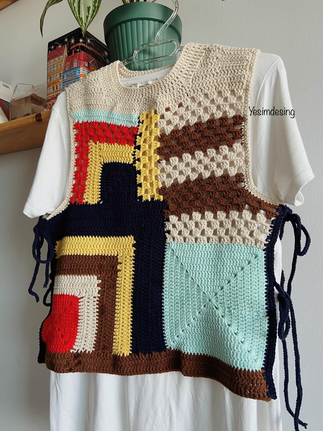 Crochet Vests, Granny Square Boho Top, Knitted Patchwork Sweater, Knitted Crochet, Boho Style ...