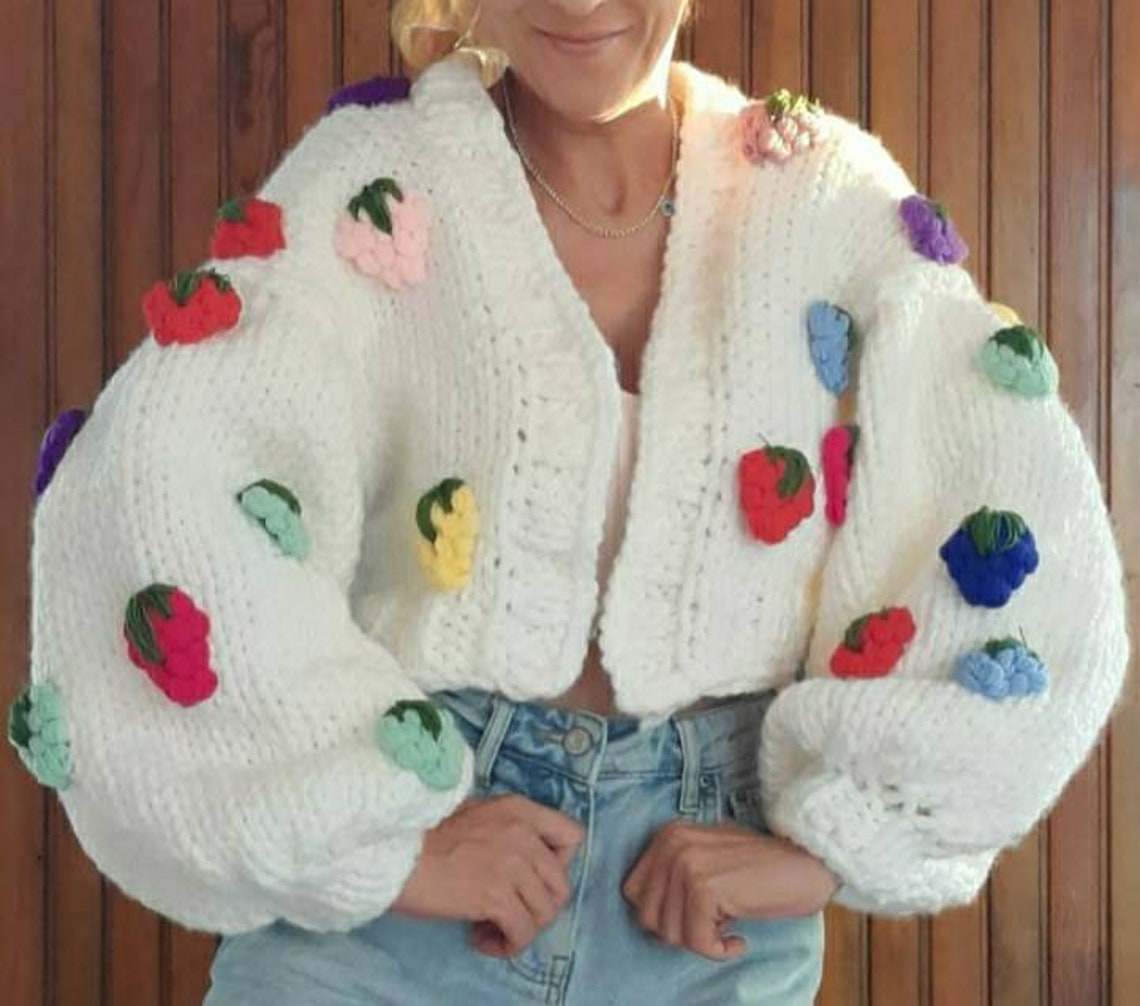 Strawberry Chunky Cardigan Handmade Sweater Strawberry - Etsy