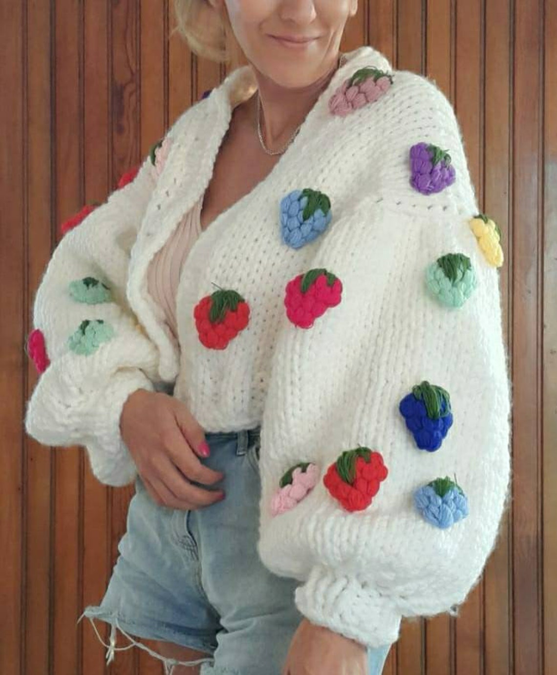 Strawberry Chunky Cardigan Handmade Sweater Strawberry - Etsy