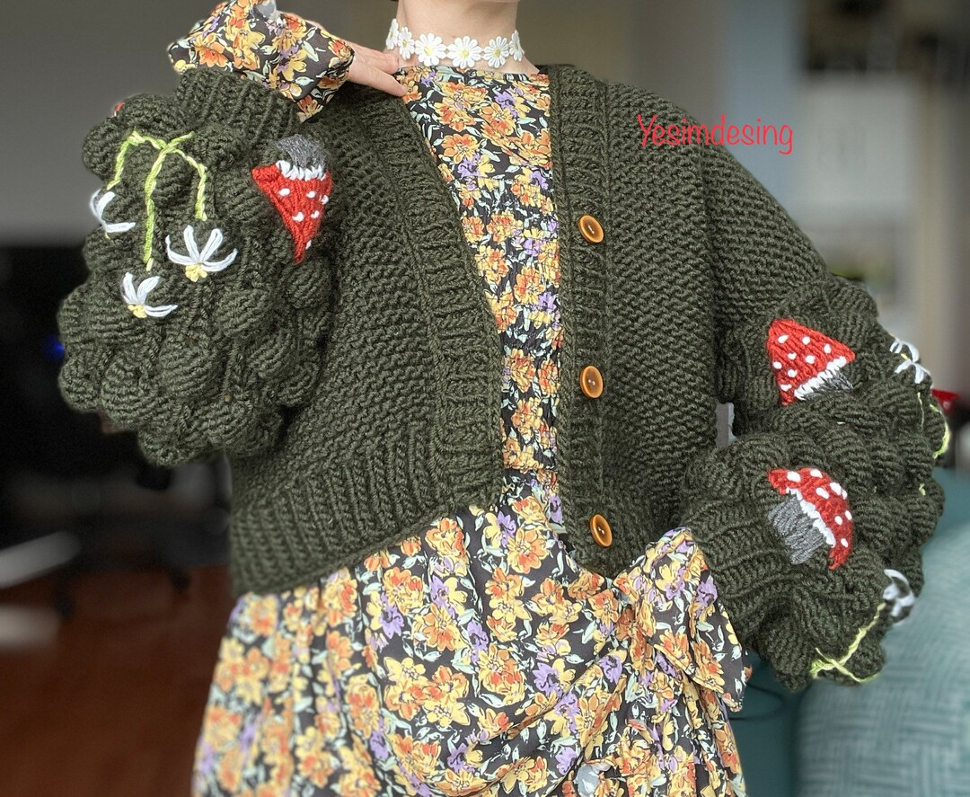 Mushroom Knit Cardigan, Cottagecore Sweater, Goblincore Clothing, Cozy ...