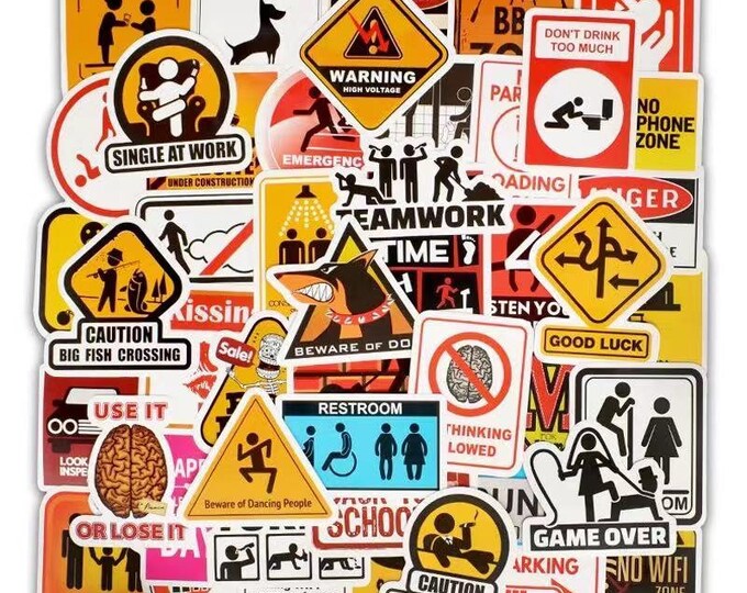 50 Pcs Parody Notice Signal Sign Construction Stickers Pack Decoration ...