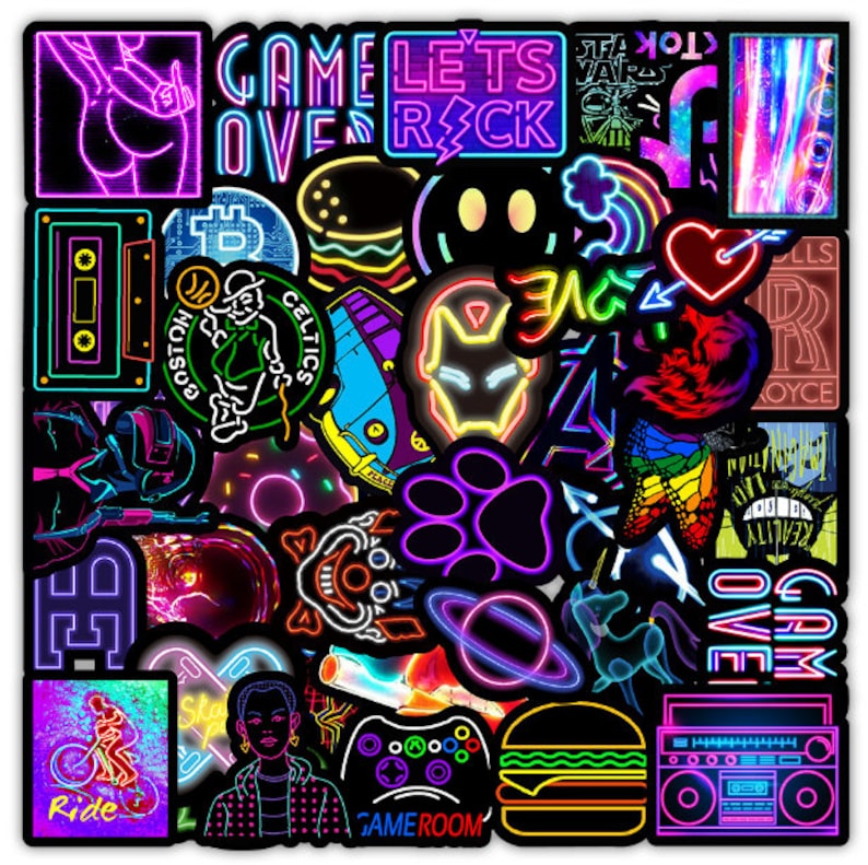 50pcs Neon Stickers Decoration Wall Home Decor Skateboard Laptop Guitar ...