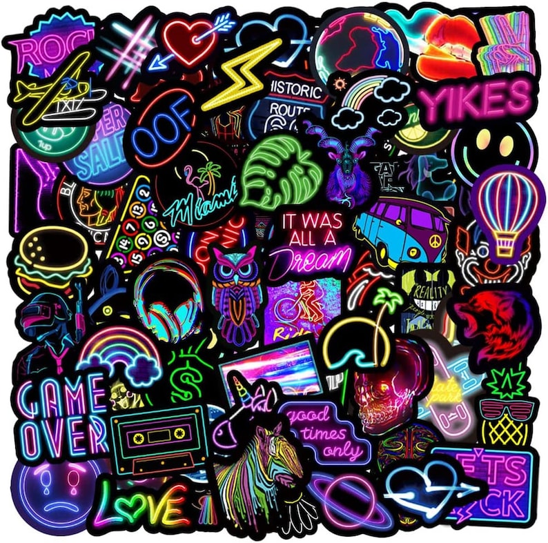 50pcs Neon Stickers Decoration Wall Home Decor Skateboard Laptop Guitar ...