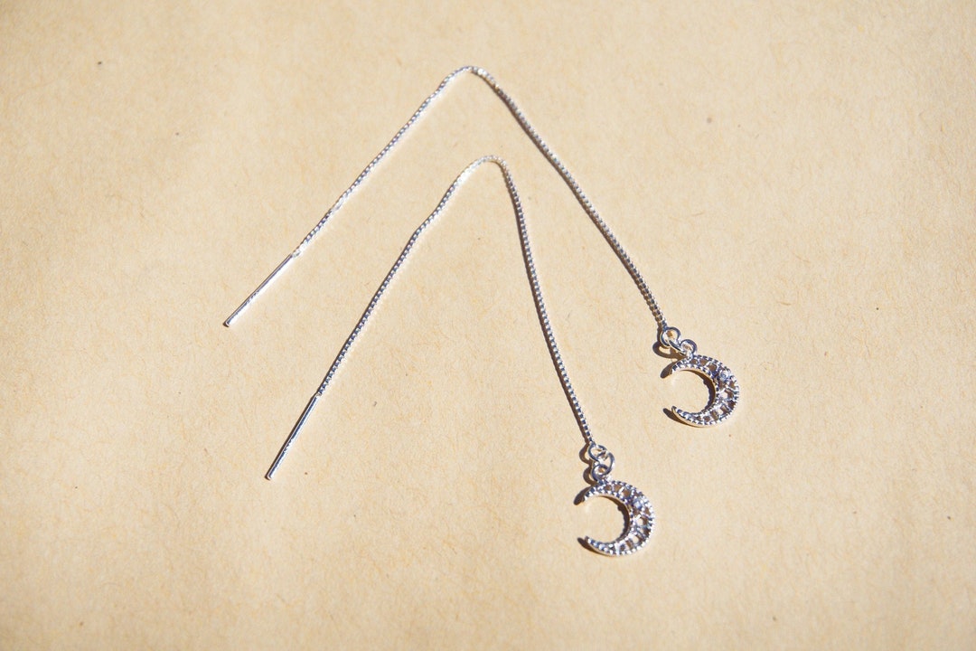 Dainty Moon Silver Threader Earrings| 925 Sterling Silver Long Chain Earrings| Tiny Moon ...