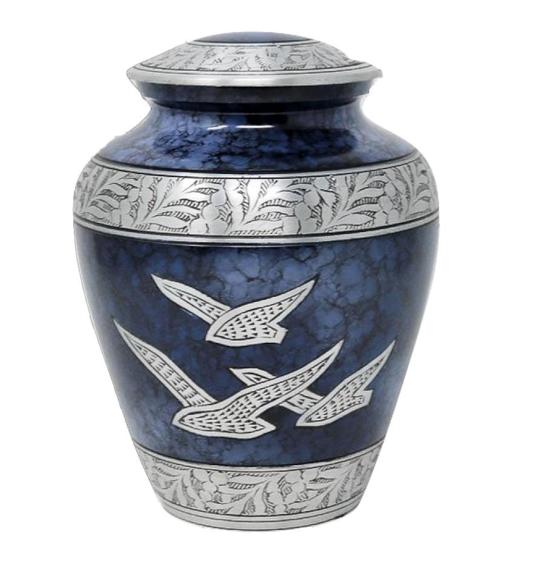 Birds in Flight Cremation Urn - Engraved Silver Accents, Blue Metal - Etsy