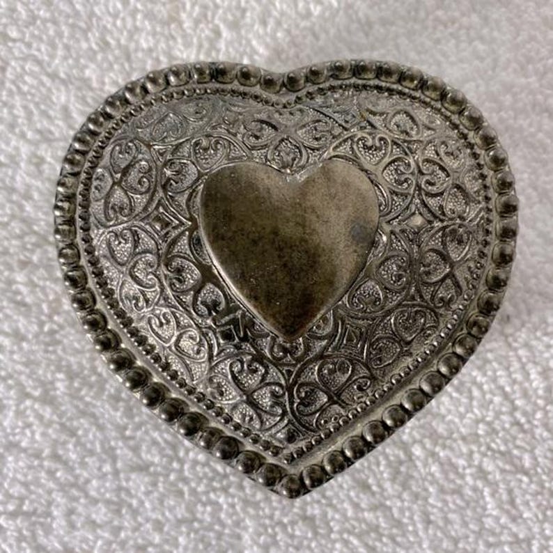 Vintage Silver Plated Zinc Heart Shaped Blue Velour Lined Trinket Box ...