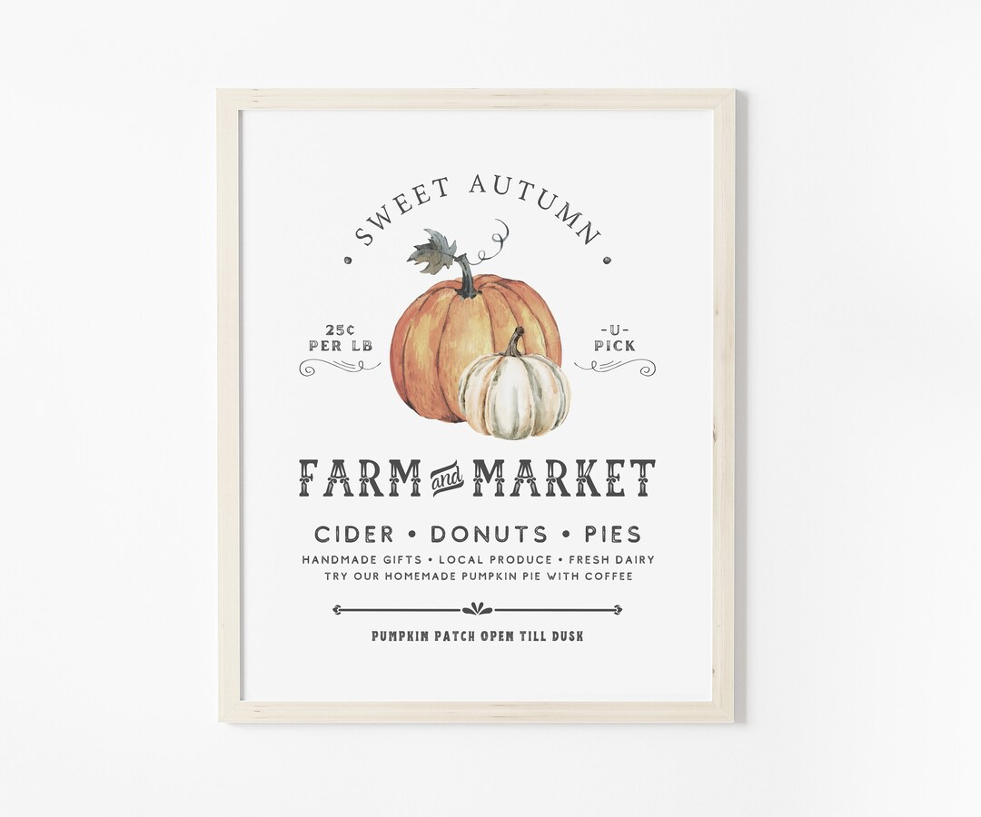 Fall Wall Art Printable, Vintage Thanksgiving Decor Farm Fresh Pumpkin ...