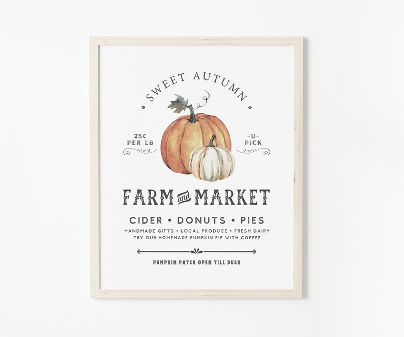 Fall Wall Art Printable, Vintage Thanksgiving Decor Farm Fresh Pumpkin ...