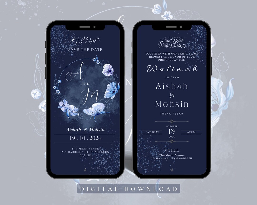 Digital Muslim Wedding Invitation Card | Dark Blue Floral Nikkah ...