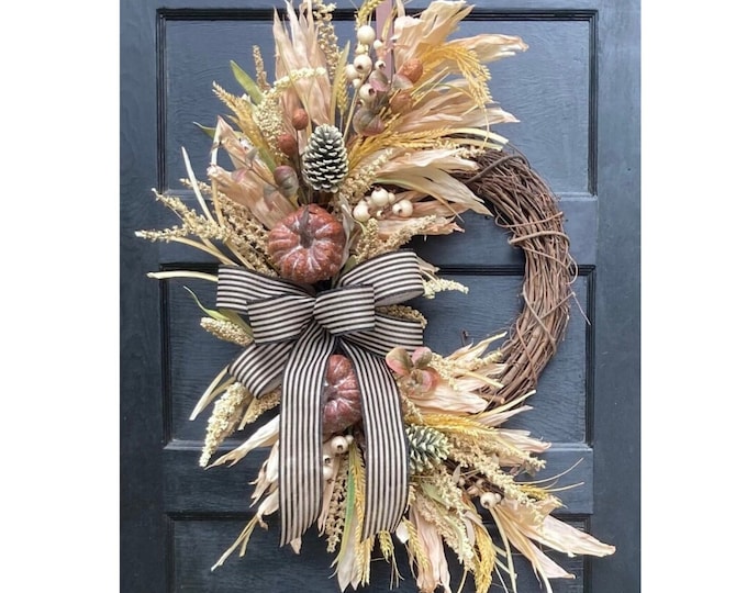 Large Fall Grapevine Wreath for Front Door With Pumpkins and - Etsy