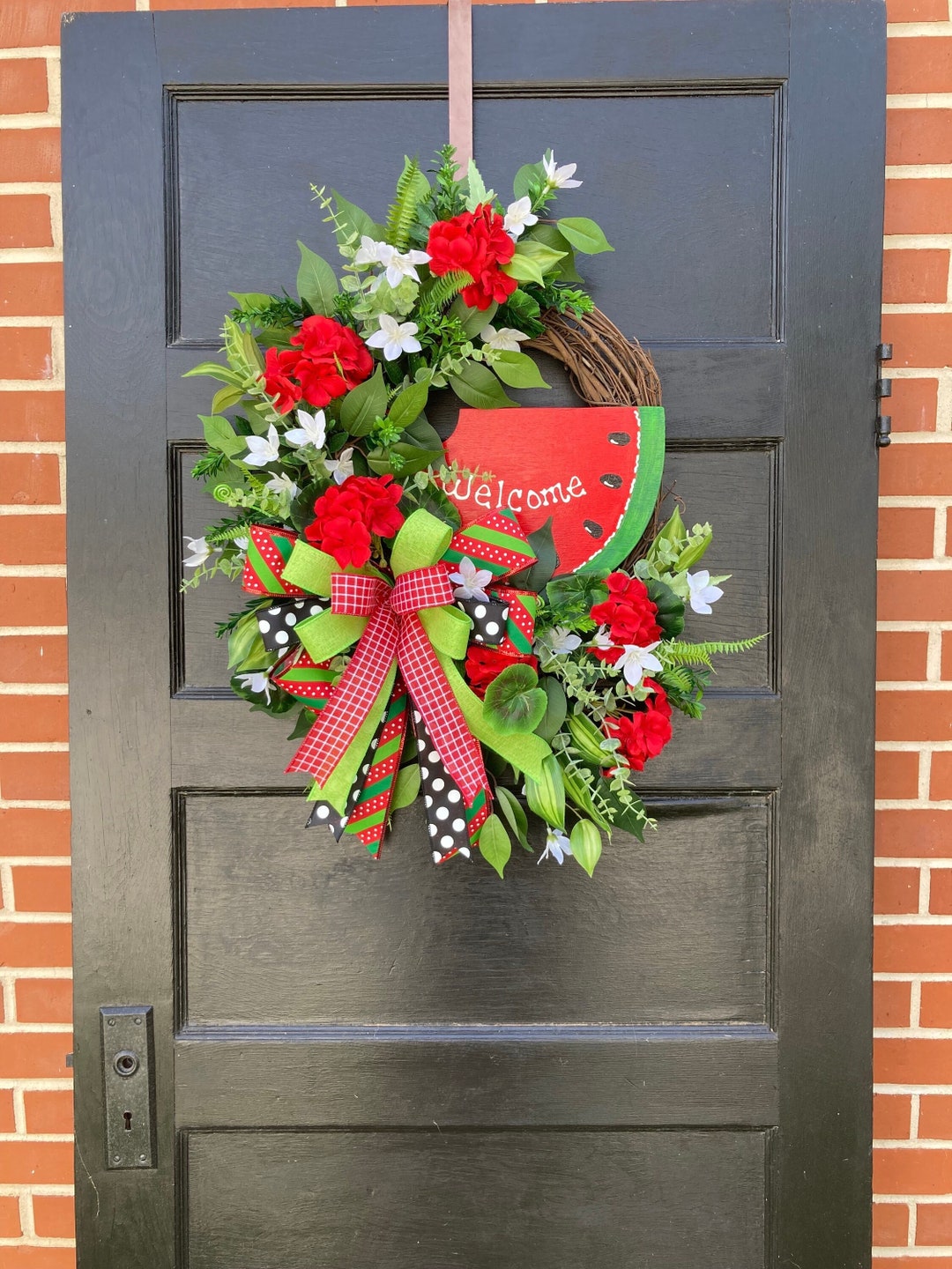 Large Outdoor Watermelon and Red Geranium Flower Grapevine Wreath for ...