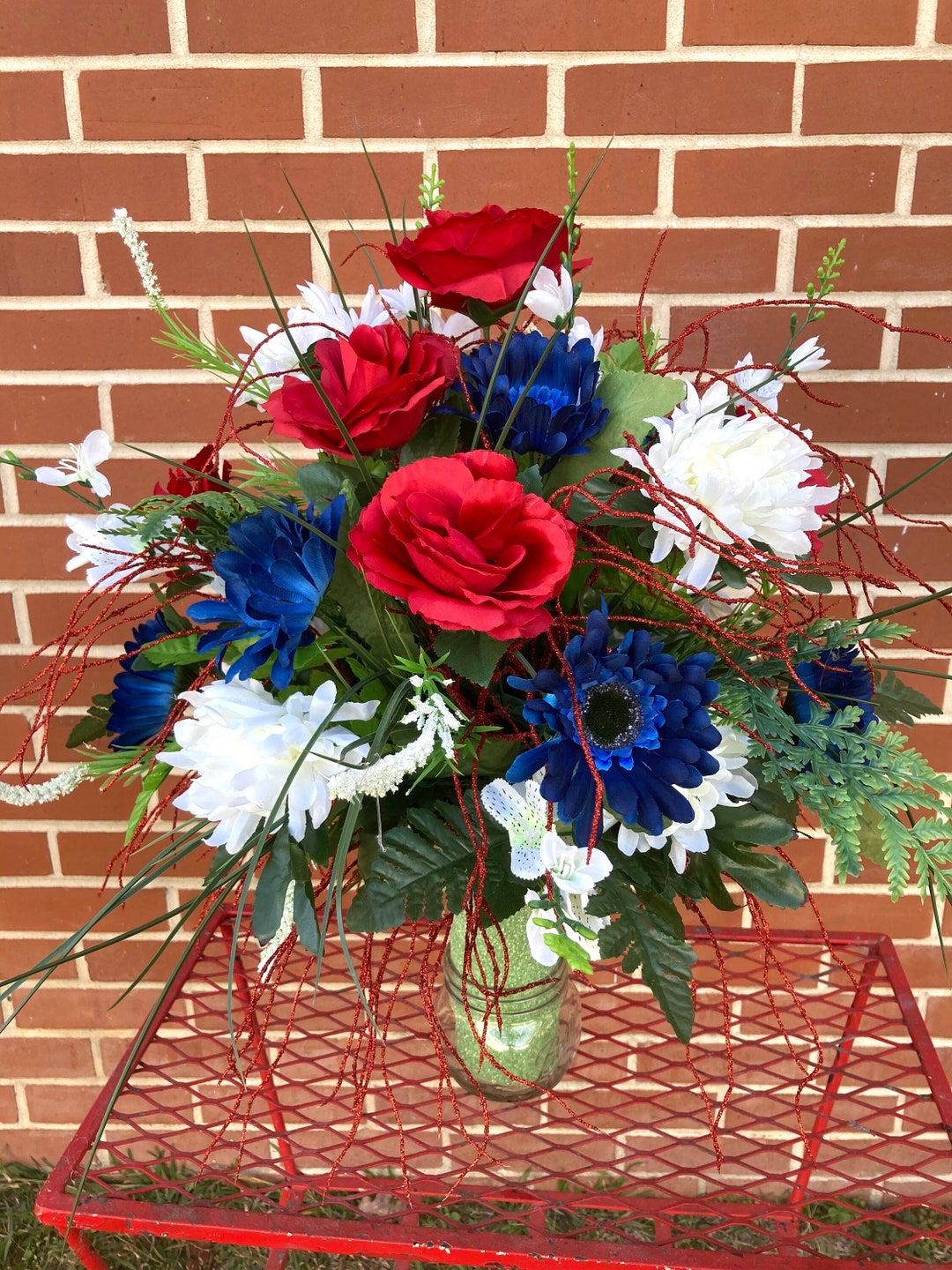 Patriotic Cemetery Vase Flower, Outdoor Red White and Blue Cone ...