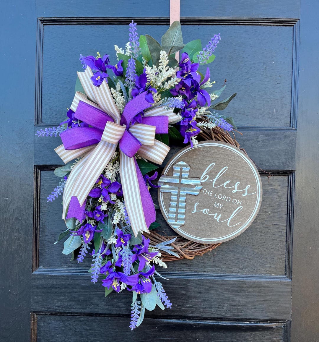 Religious Easter Wreath With Cross, Purple Spring Easter Cross Wreath ...