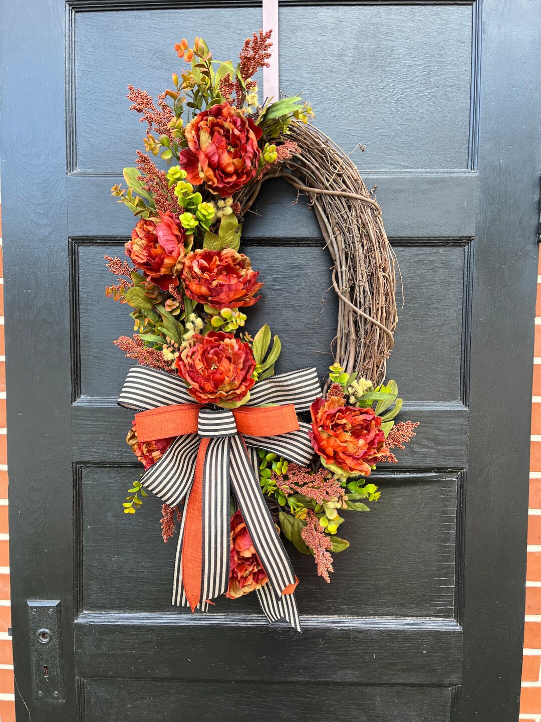 Large Rustic Wreath for Front Door With Rust Orange Peony Flowers, Fall ...