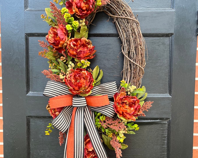 Large Rustic Wreath for Front Door With Rust Orange Peony Flowers, Fall ...