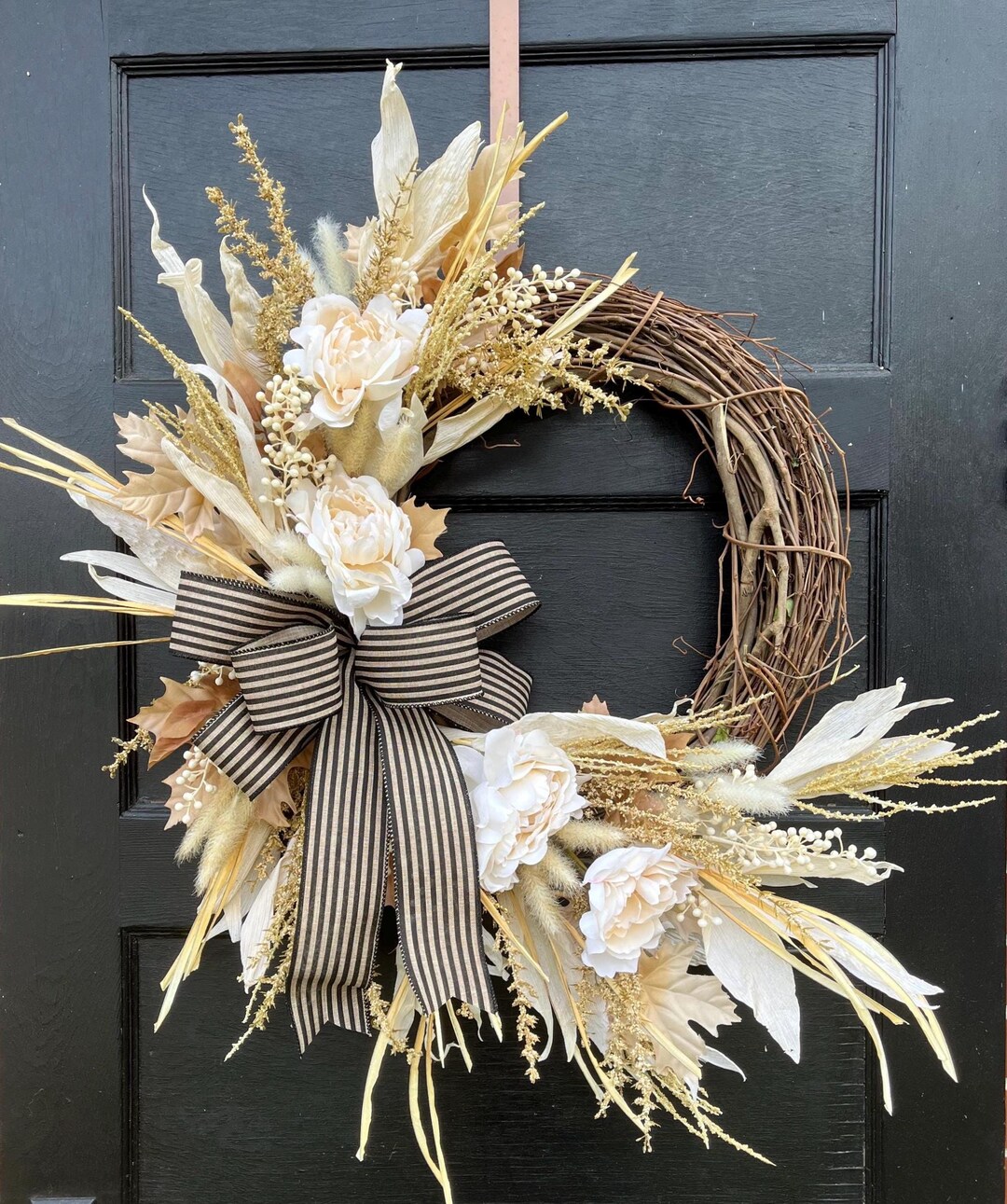 Large Fall Grapevine Wreath for Front Door With Pumpkins and Corn Husks ...