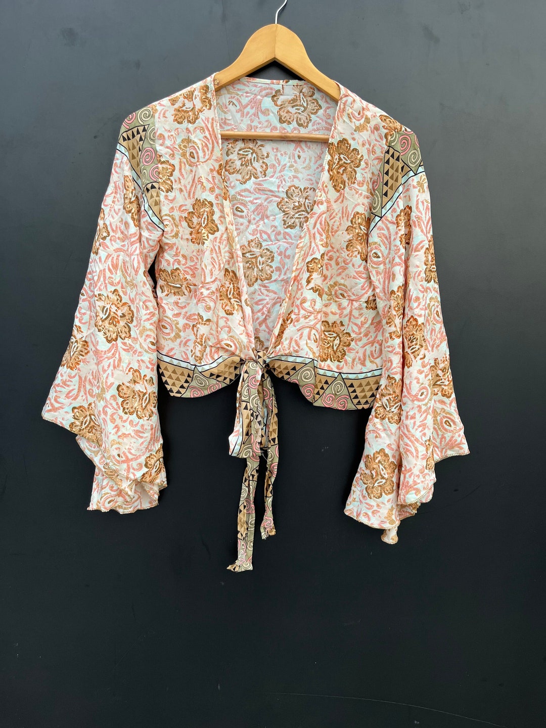 Tie Front Hippie Crop Top Silk Retro Style Top, Way Bell Sleeve Flare ...