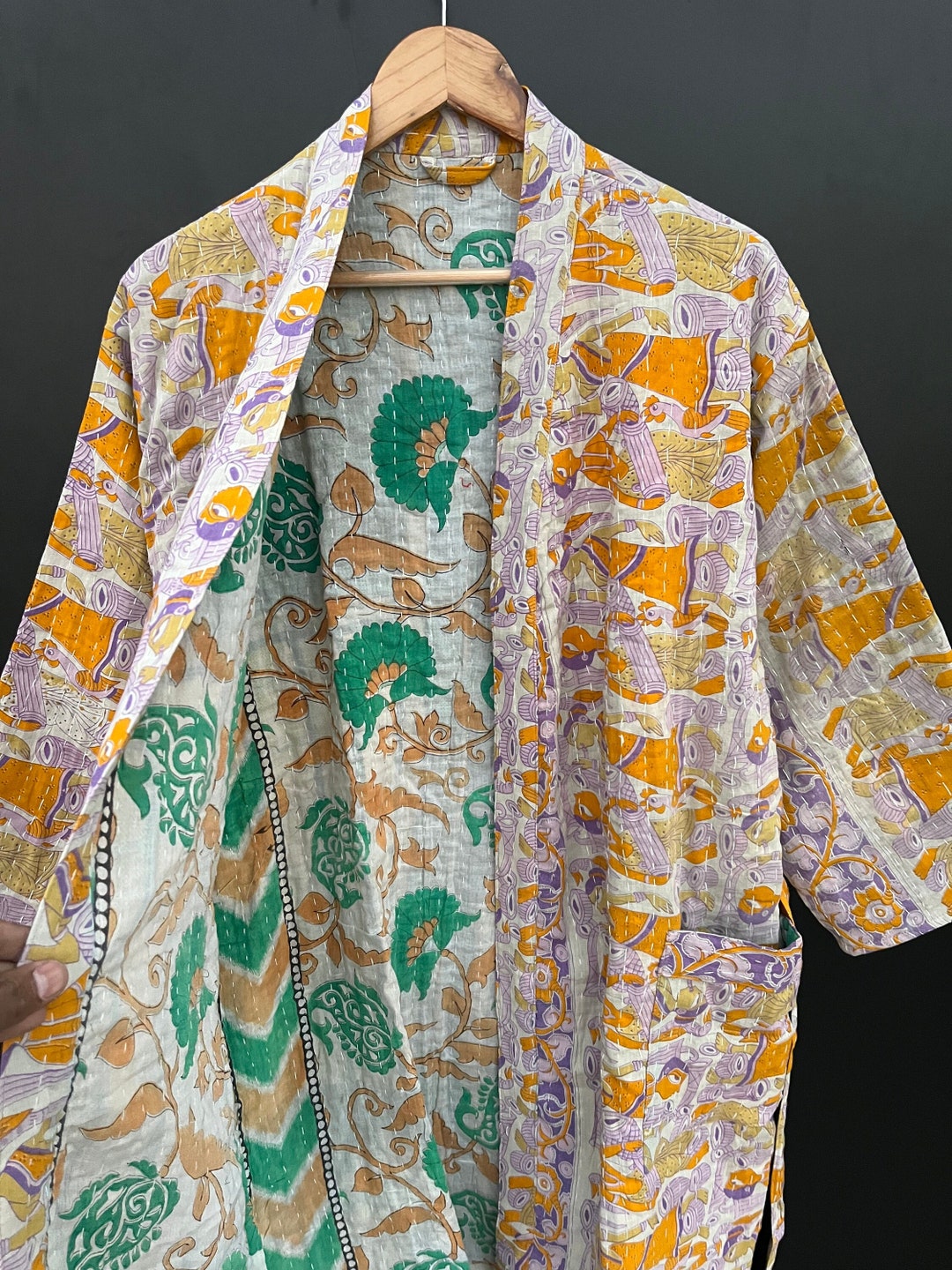 Winter Kantha Coat Lined With Sherpa, Kantha Jacket Long, Reversible ...