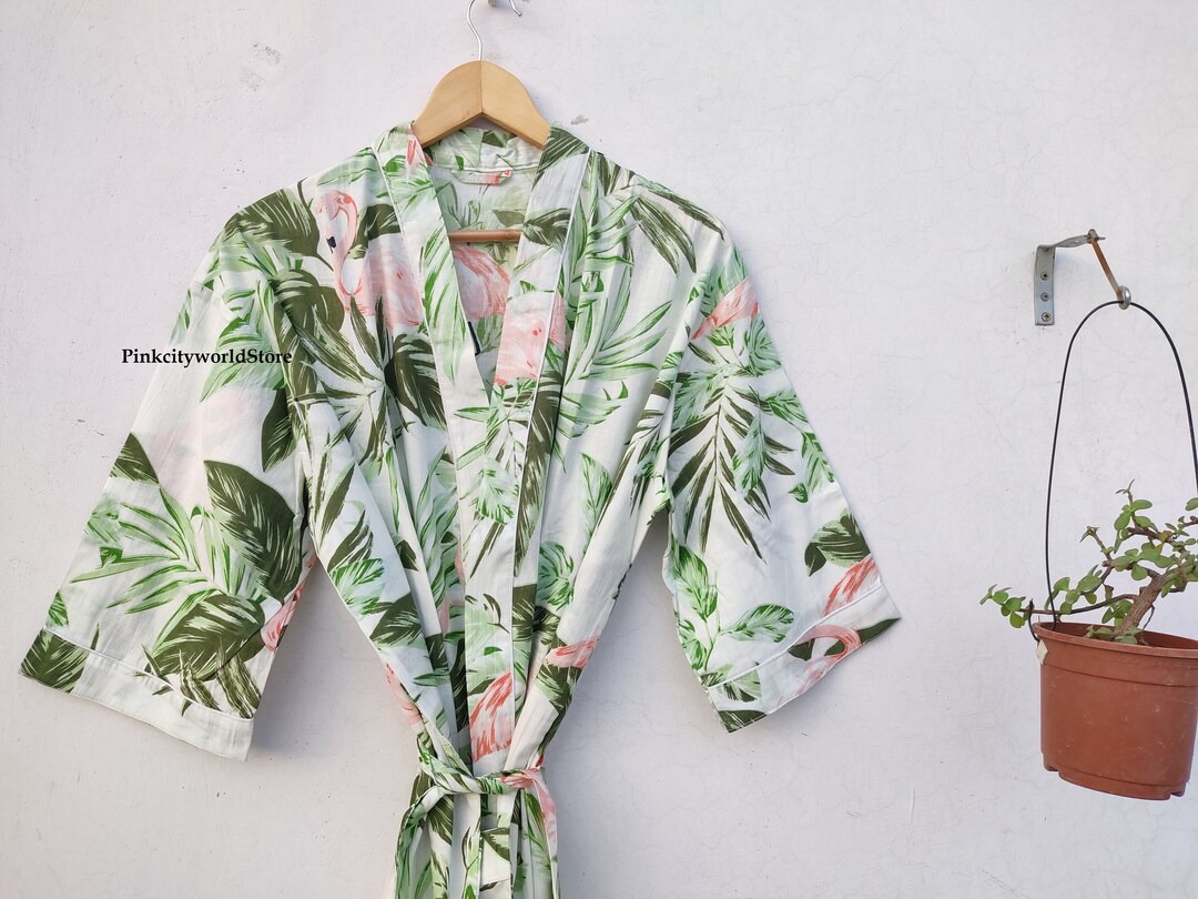 Flamingo Cotton Kimono Dress, Bath Robe Kimono, Hand Block Printed ...