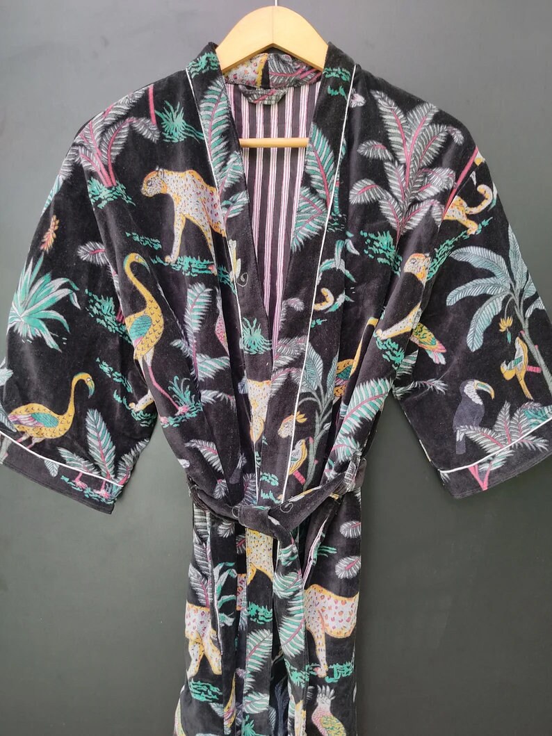 Jungle Print Velvet Kimono Robes, Morning Tea Velvet Coat, Bridesmaid ...