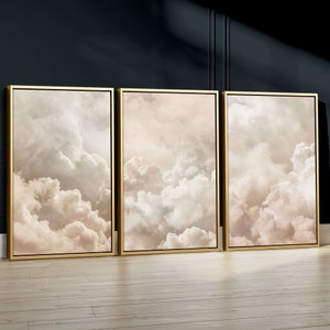 Beige Clouds Bedroom Wall Art Set of 3 Prints, White Clouds Pastel Sky ...