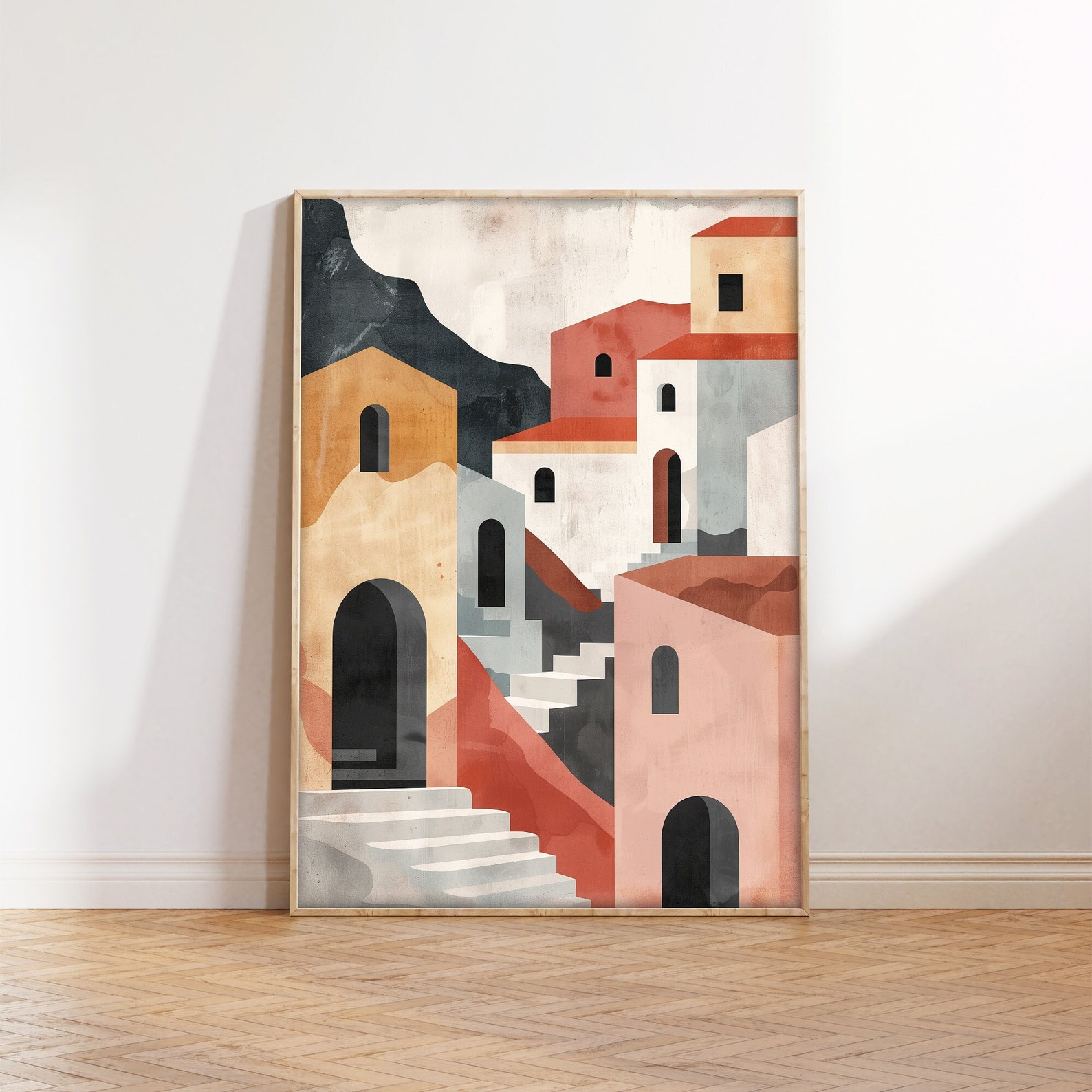 Minimalist Geometric Coastal Town Poster, Soft Pastel Color Art Print ...