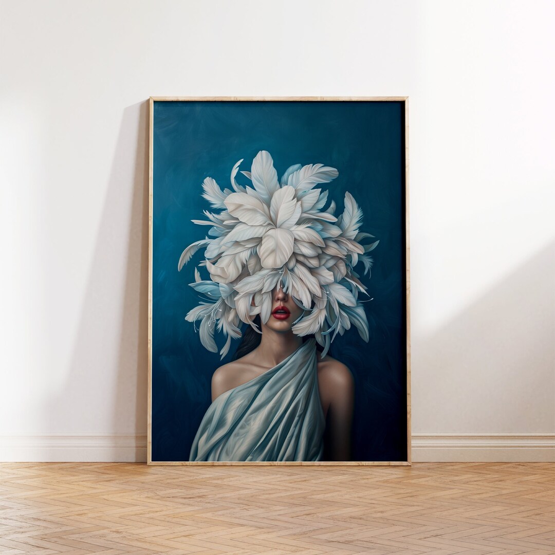 White Feather Plumage Girl Poster, Bird Feathers Head Abstract Art ...
