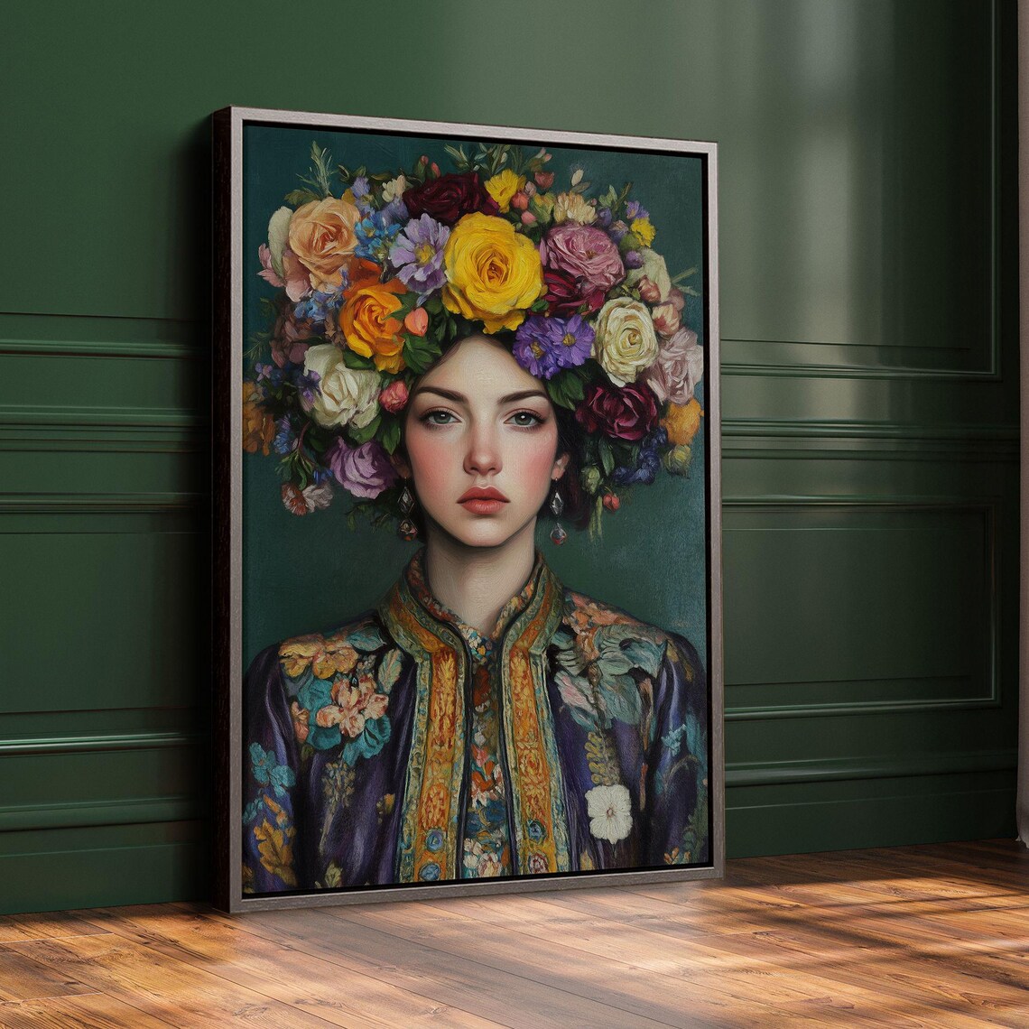 Floral Woman Portrait, Floral Woman Print, Flowers Woman Art, Female ...