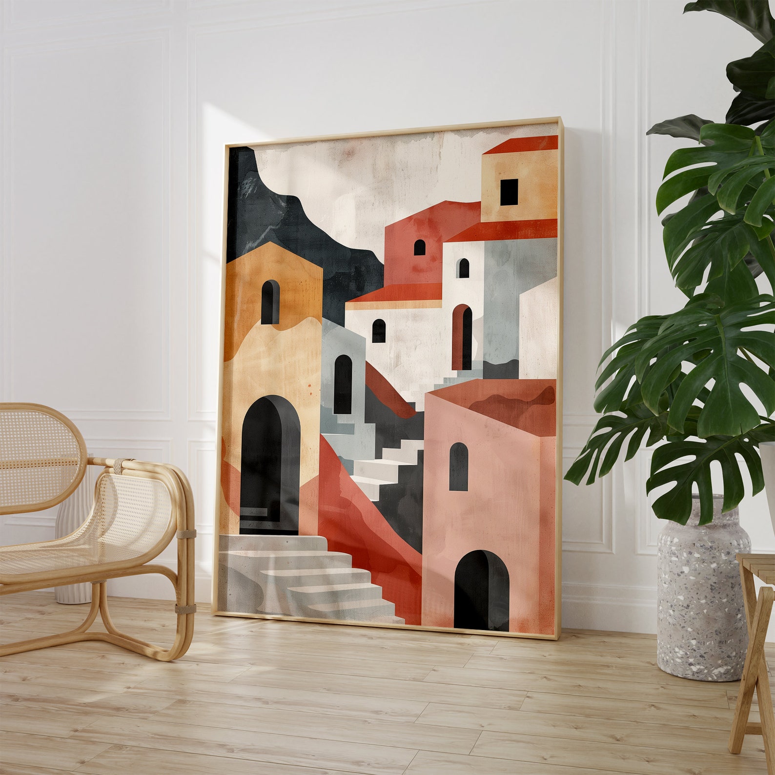 Minimalist Geometric Coastal Town Poster, Soft Pastel Color Art Print ...