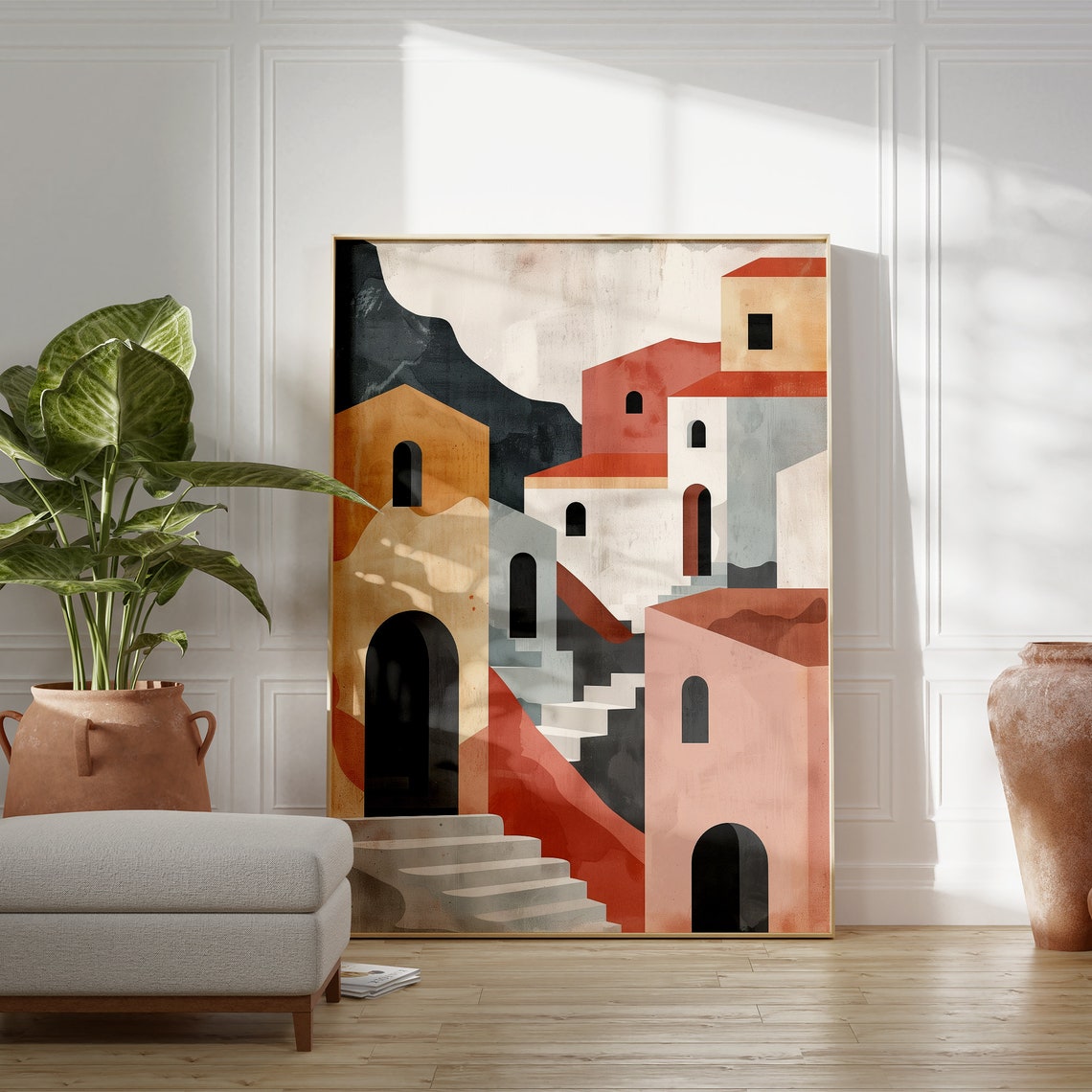 Minimalist Geometric Coastal Town Poster, Soft Pastel Color Art Print ...