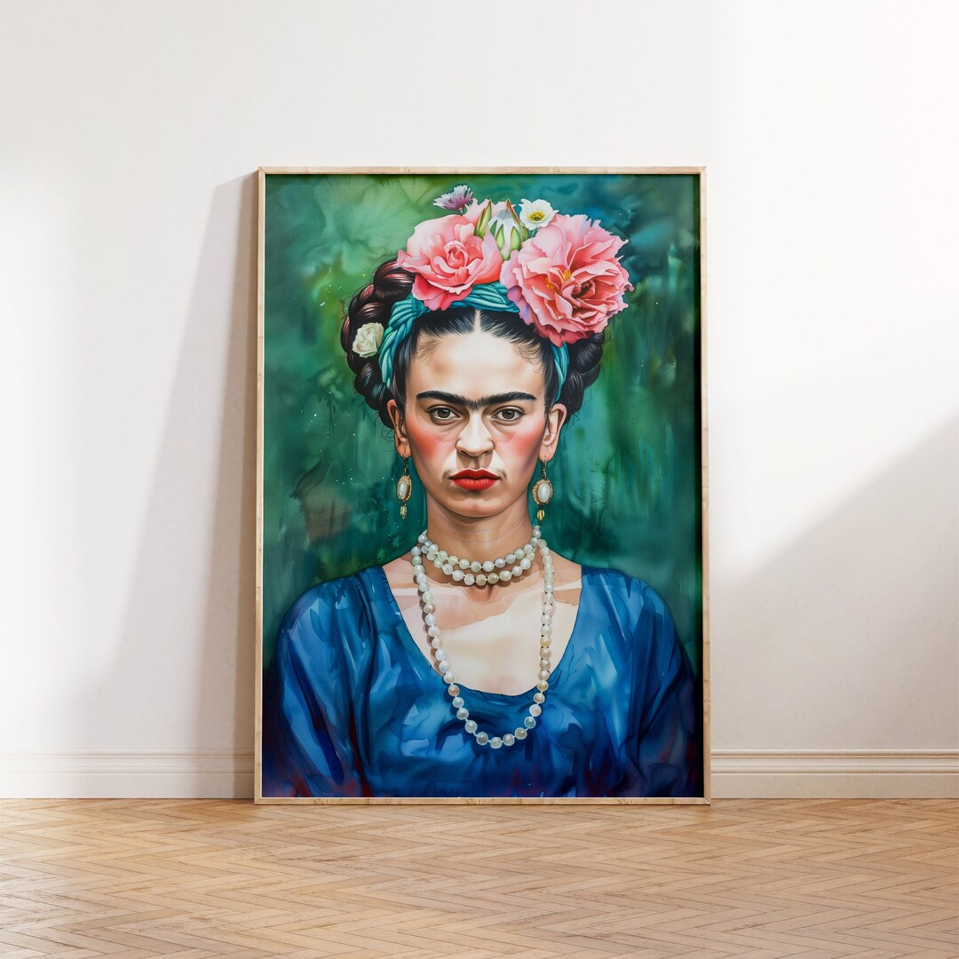 Frida Kahlo Watercolor Poster, Frida Kahlo Portrait With Flowers in ...