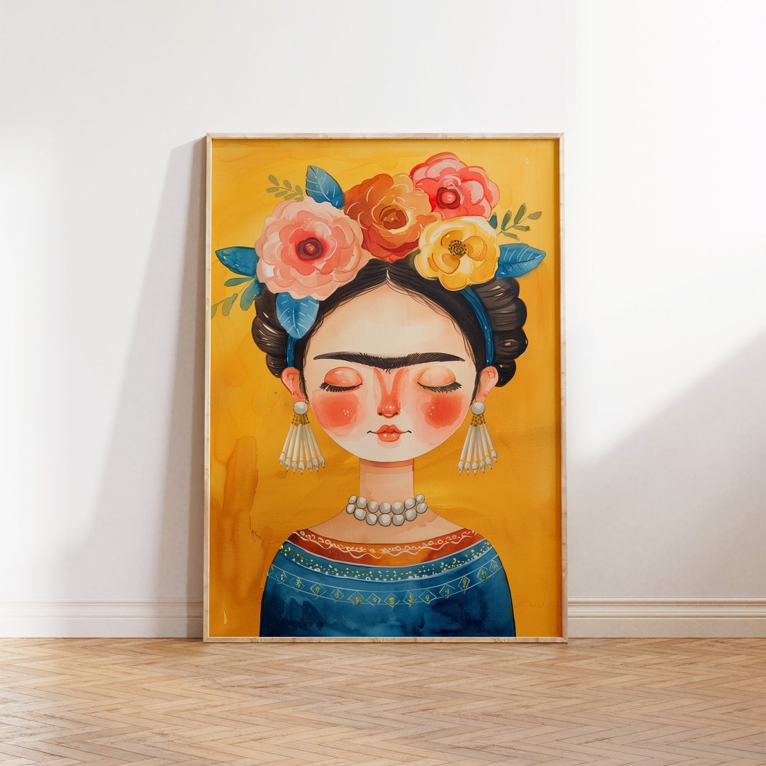 Frida Kahlo Watercolor Poster, Frida Kahlo Portrait With Flowers in ...