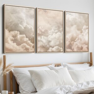 Beige Clouds Bedroom Wall Art Set of 3 Prints, White Clouds Pastel Sky ...