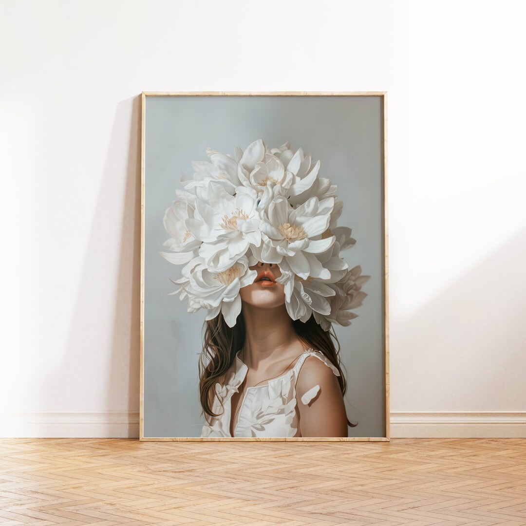 Abstract White Flowers Woman Poster, Floral Bouquet Girl Abstract Art ...