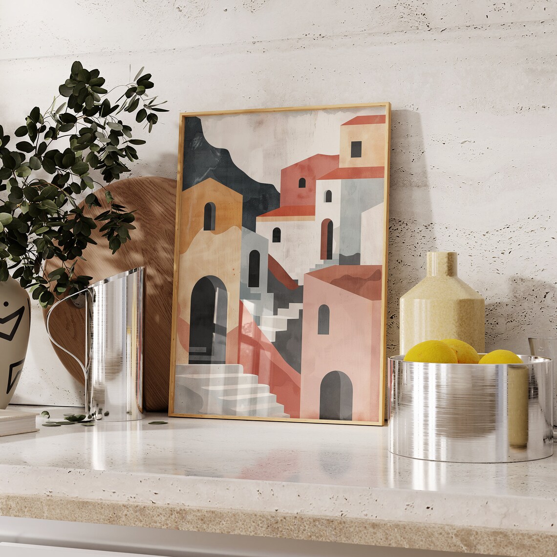 Minimalist Geometric Coastal Town Poster, Soft Pastel Color Art Print ...