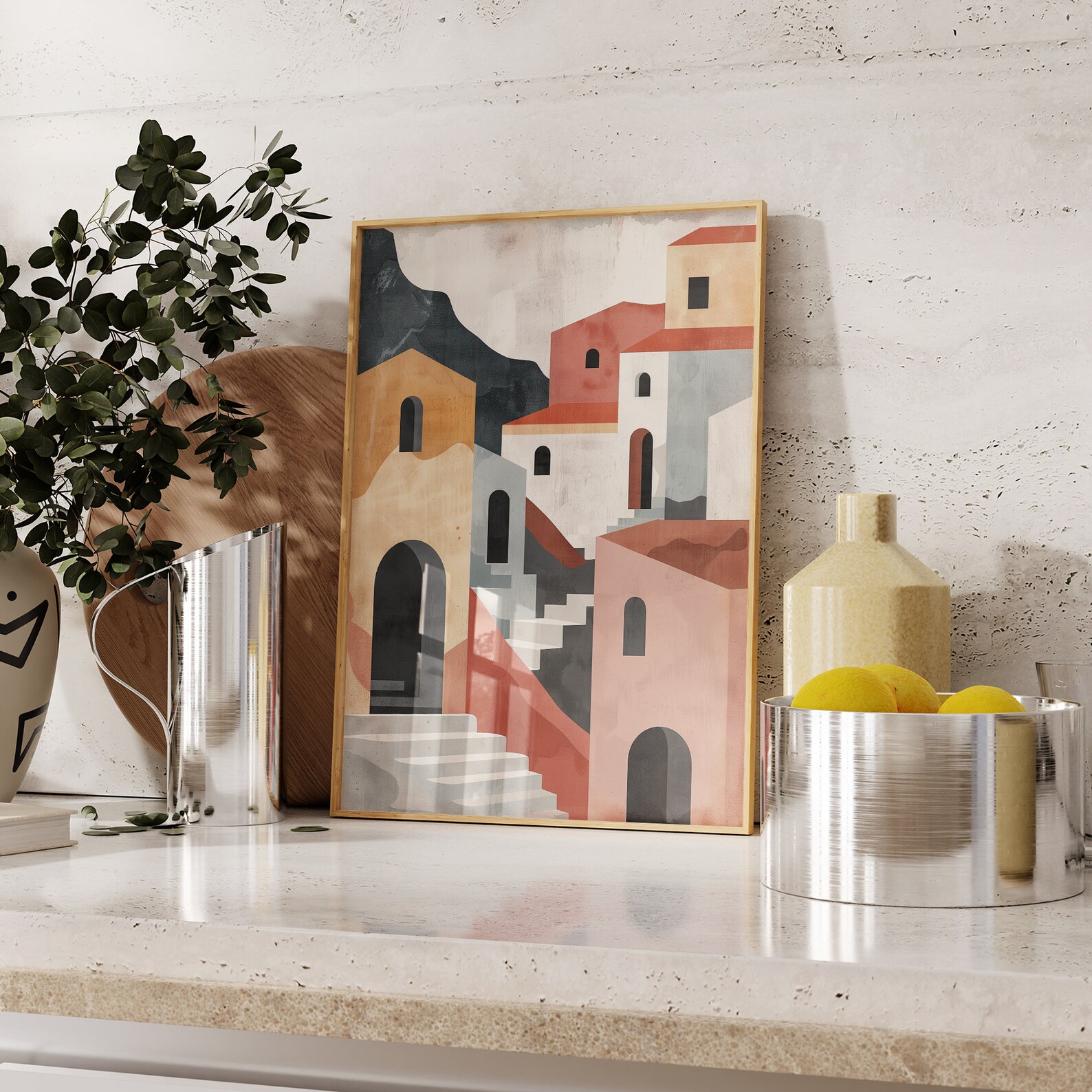 Minimalist Geometric Coastal Town Poster, Soft Pastel Color Art Print ...